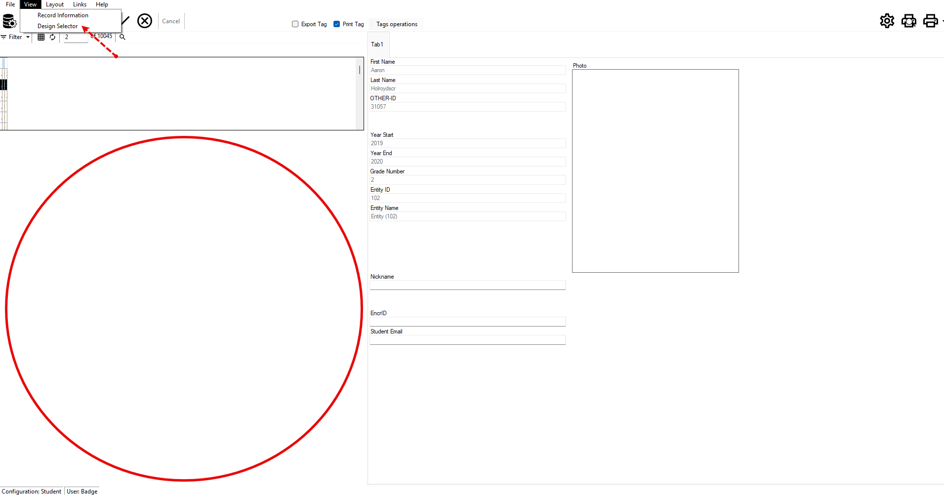 Where is the Design Selector option in the ID Badging software and what ...